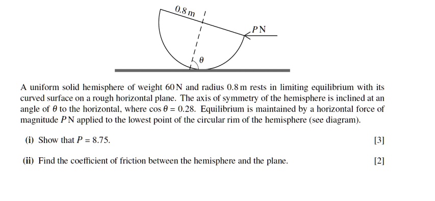 nd a uniform solid hemisphere of weight 60 n and radius 08 m rests in ...