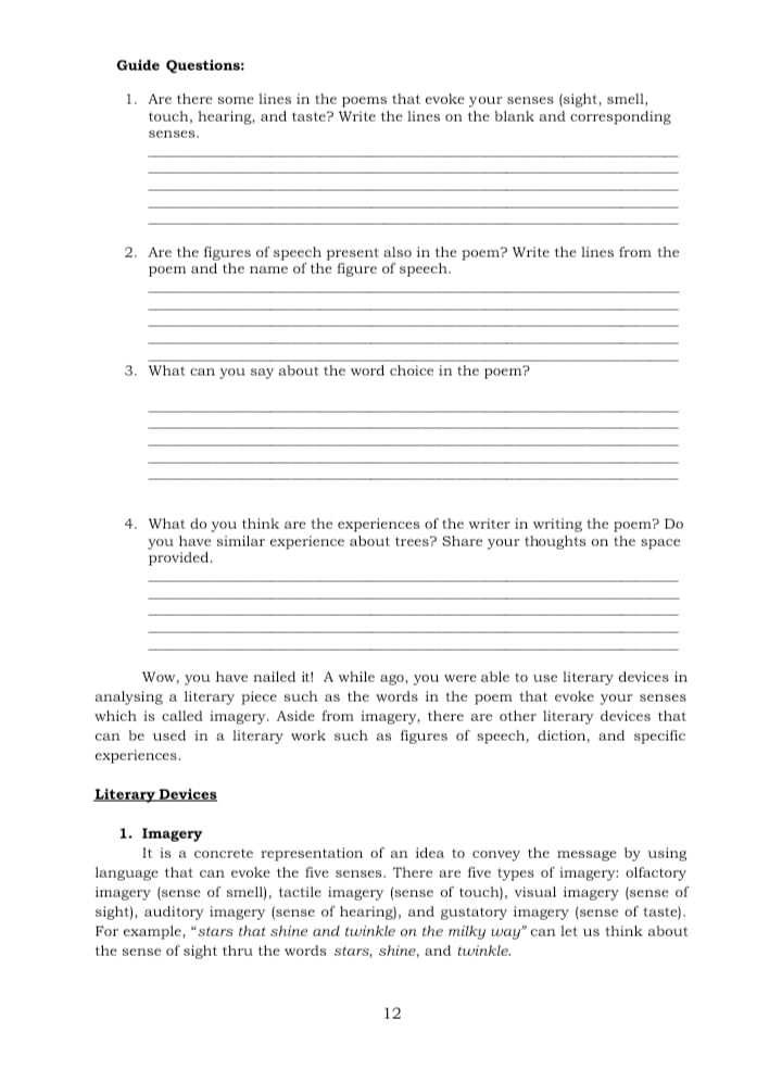 Guide Questions: 1. Are there some lines in the poems that evoke your ...