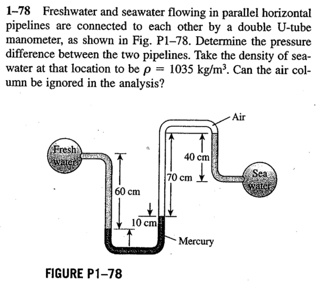 SOLVED: 1-78 Freshwater and seawater flowing in parallel horizontal pipelines are connected to ...