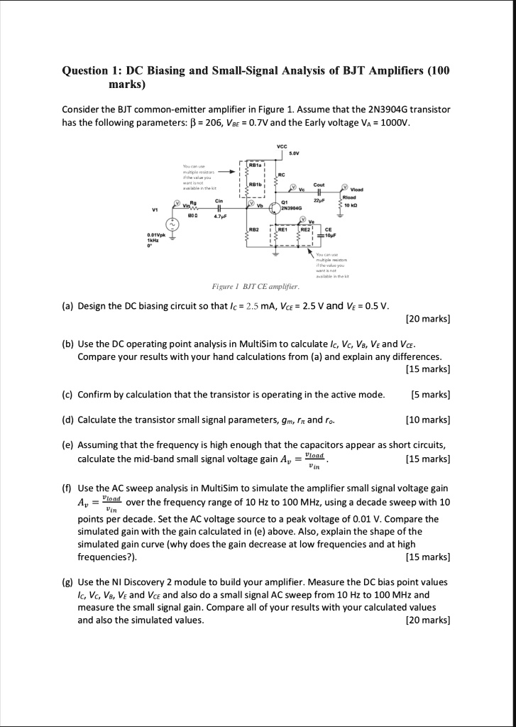 SOLVED: Text: Question 1: DC Biasing and Small-Signal Analysis of BJT Amplifiers (100 marks ...
