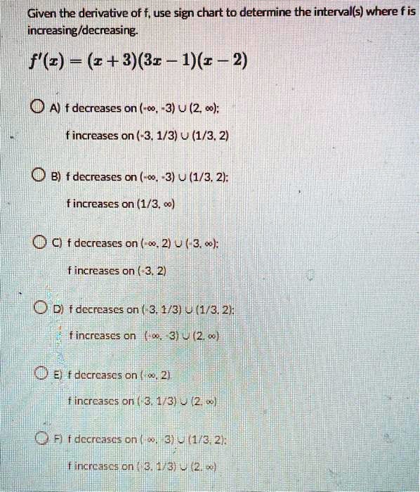 SOLVED: Given the derivative of f.use sign chart to determine the ...