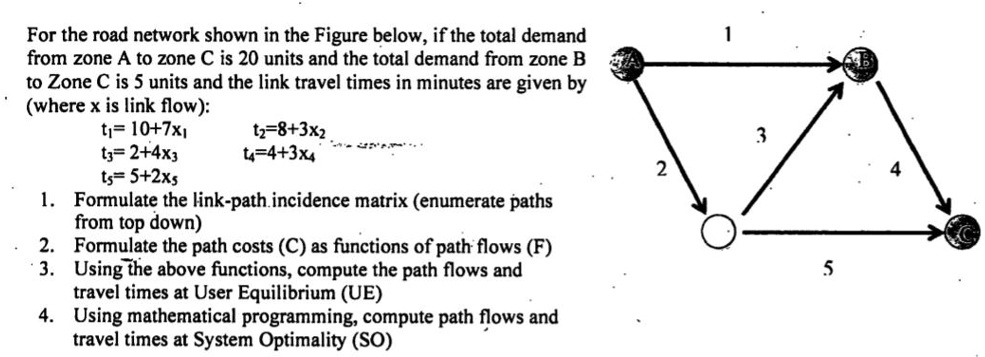 For the road network shown in the Figure below, if the total demand from zone A to zone C is 20 ...
