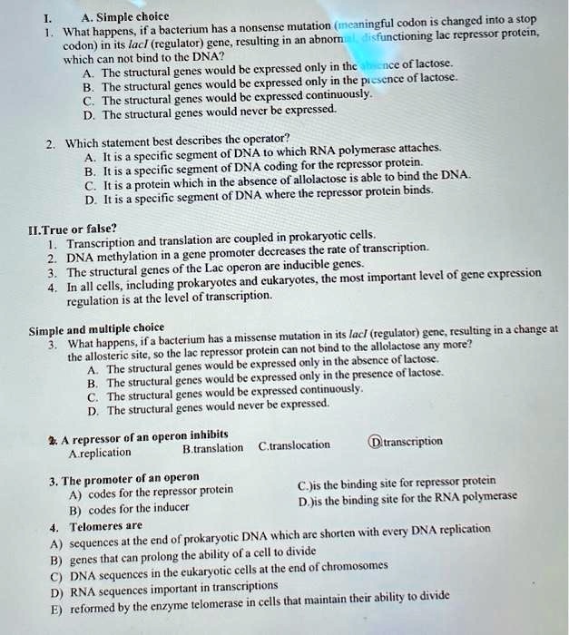 SOLVED: A. Simple choice 1. What happens if a bacterium has a nonsense ...