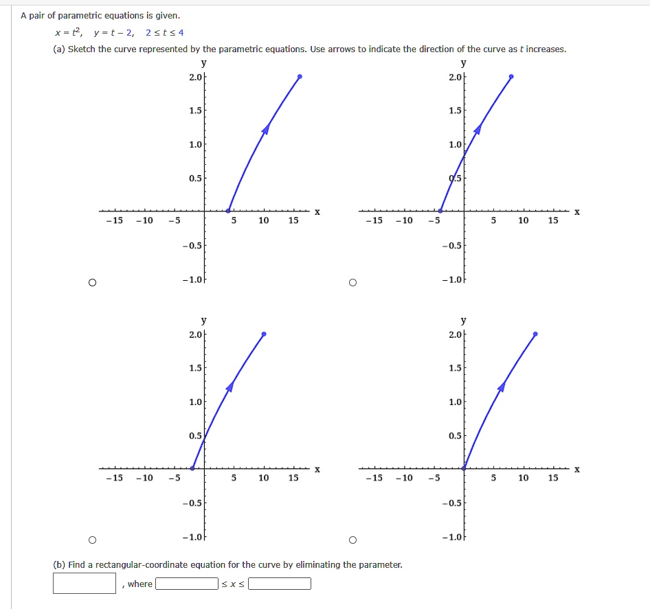 SOLVED: Pair _ of parametric equations is given_ x=t, Y = t - 2, 2 $t