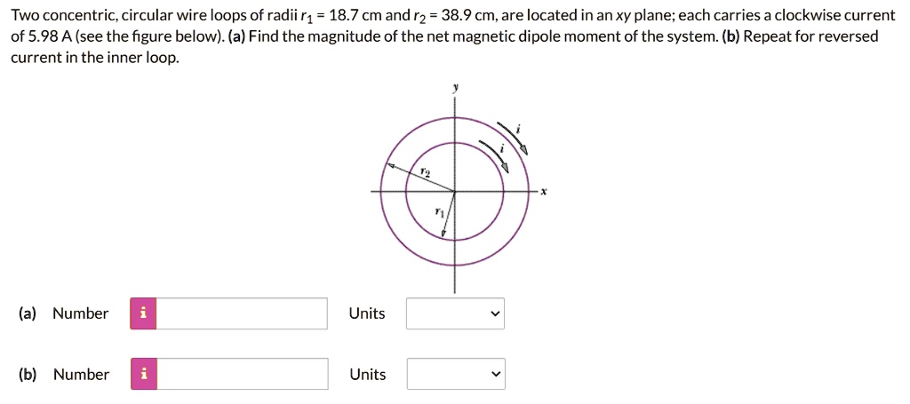 SOLVED:Two concentric; circular wire loops of radii r1 = 18.7 cm andr2 38.9 cm; are located in ...