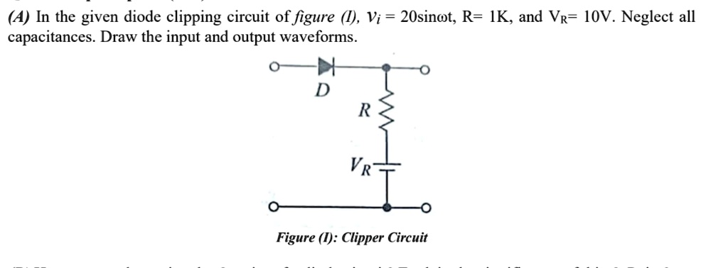 SOLVED: In the given diode clipping circuit of figure (I), vi = 20sinÏ‰t, R = 1K, and VR = 10V ...