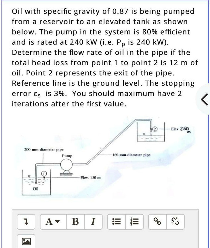 SOLVED: Oil with specific gravity of 0.87 is being pumped from a reservoir to an elevated tank ...
