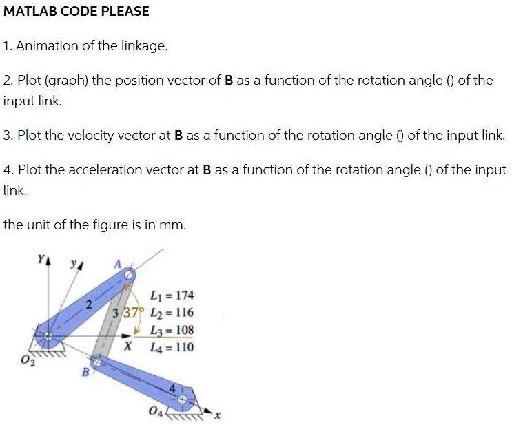 SOLVED: MATLAB CODE PLEASE 1. Animation of the linkage 2. Plot (graph ...