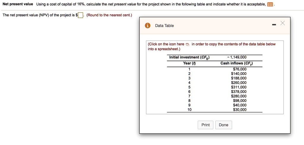 SOLVED: Net present value Using a cost of capital of 16%, calculate the net present value for ...