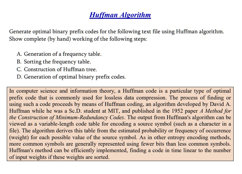 Solved Huffman Algorithm Generate Optimal Binary Prefix Codes For The Following Text File Using