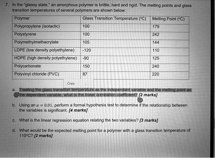 7. In the "glassy state," an amorphous polymer is brittle, hard and rigid. The melting points ...