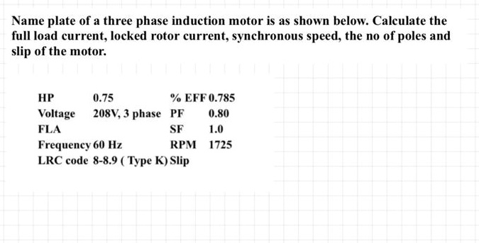 Name plate of a three phase induction motor is as shown below. Calculate the full load current ...