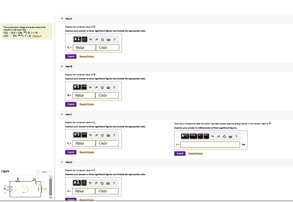The current and voltage at the terminals of the inductor in the circuit are i(t) = (4.3 + 3.8e ...