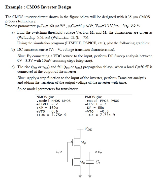 Example: CMOS Inverter Design The CMOS inverter circuit shown in the figure below will be ...