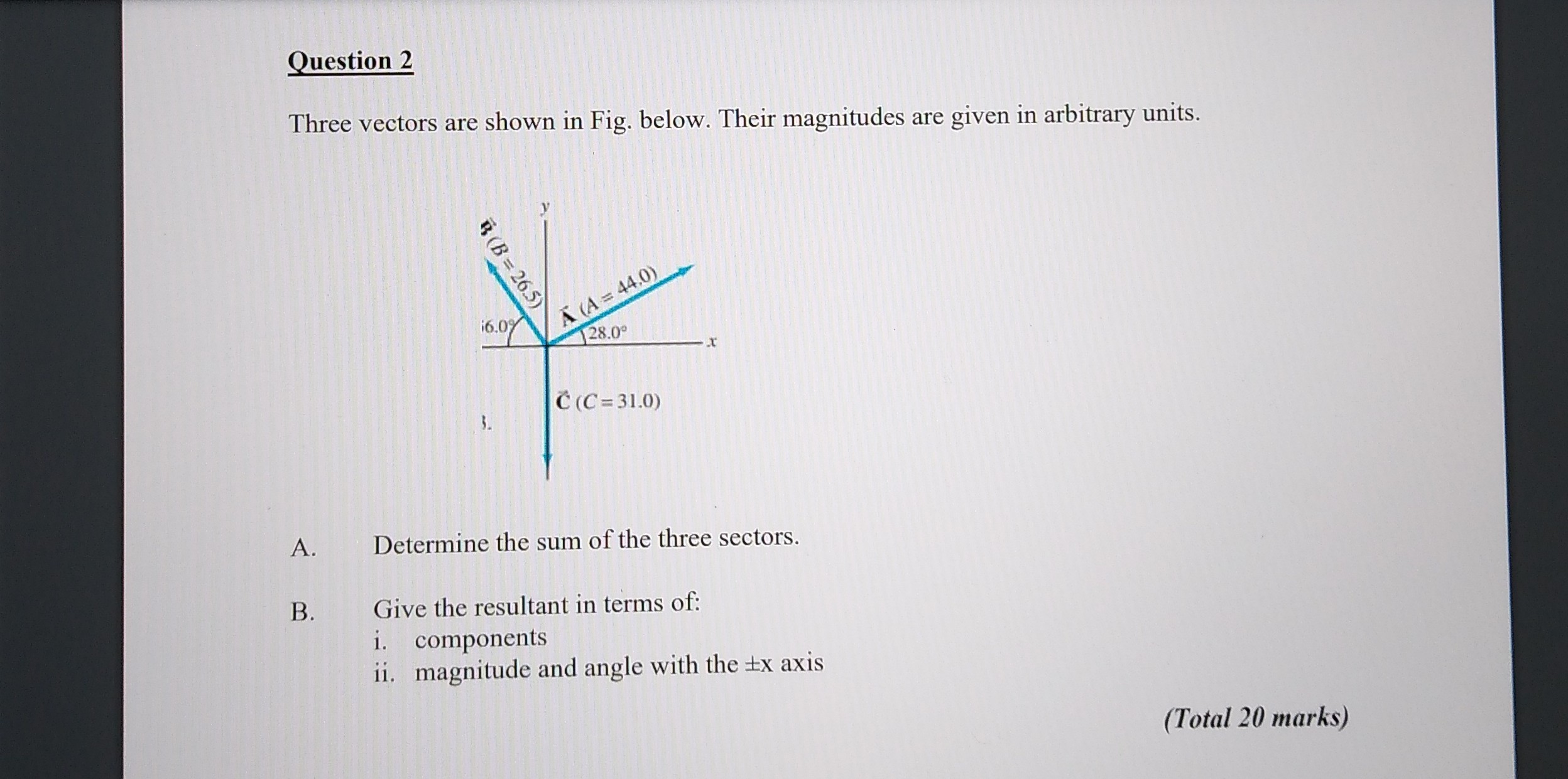 Question 2 Three vectors are shown in Fig. below. Their magnitudes are given in arbitrary units ...