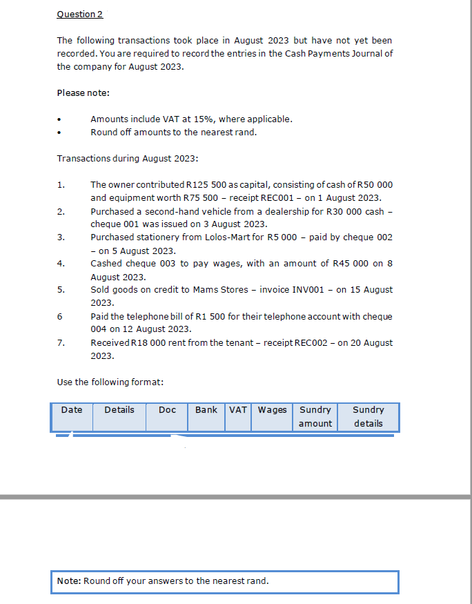 Question 2 The following transactions took place in August 2023 but ...