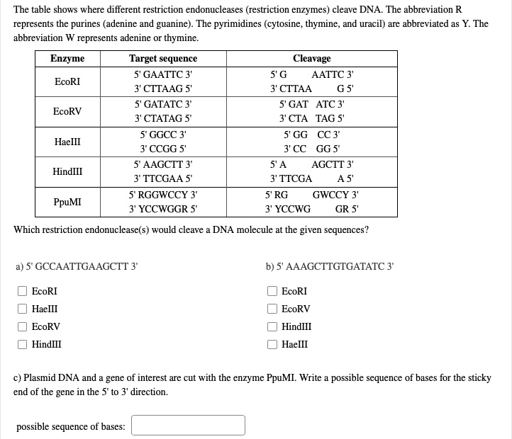 SOLVED: The table shows where different restriction endonucleases (restriction enzymes) cleave ...