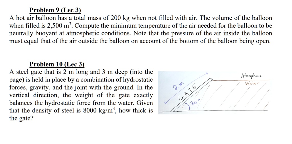 SOLVED: Problem 9 (Lec 3) A hot air balloon has a total mass of 200 kg when not filled with air ...
