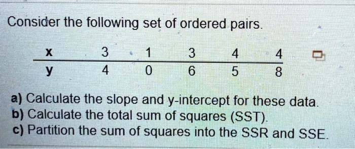SOLVED:Consider the following set of ordered pairs. 3 4 5 8 a) Calculate the slope and y ...