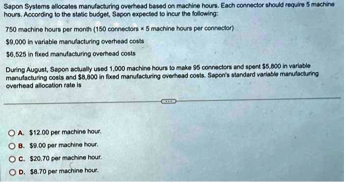 Solved Sapon Systems Allocates Manufacturing Overhead Based On Machine