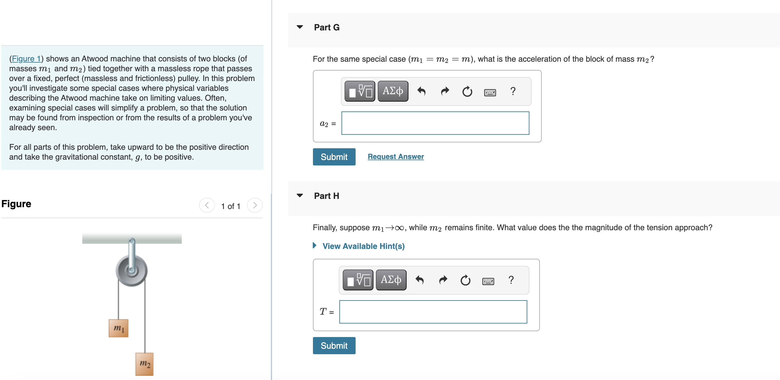 part g figure 1 shows an atwood machine that consists of two blocks of masses m1 and m2 tied ...