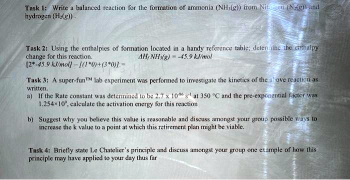 SOLVED:Task I: Writc balanced reaction for the formation of ammona (NHi(g)) from hydrogen (H(g ...