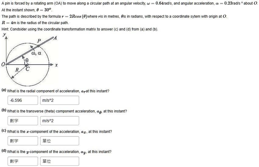 SOLVED: A pin is forced by a rotating arm (OA) to move along a circular ...