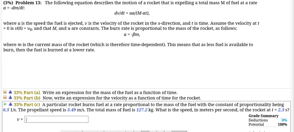 390 problem 13 the following equation describes the motion of a rocket ...