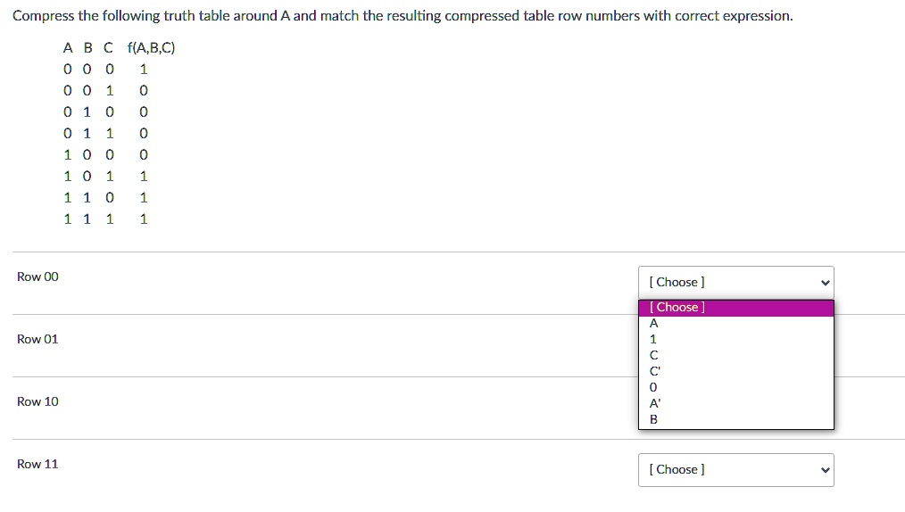Compress the truth table around A, and match the resulting compressed table row numbers with the ...