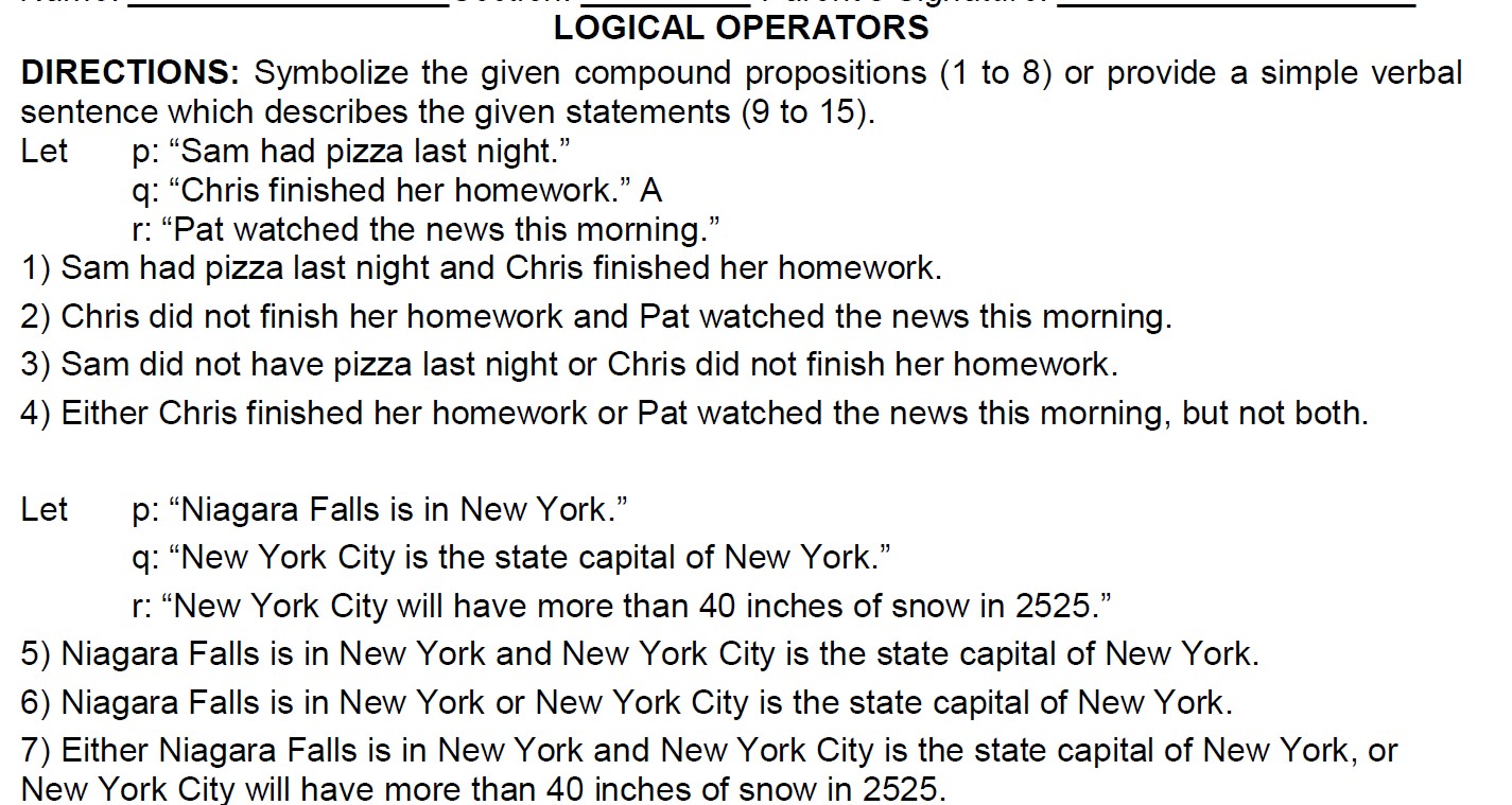 LOGICAL OPERATORS DIRECTIONS: Symbolize the given compound propositions ...