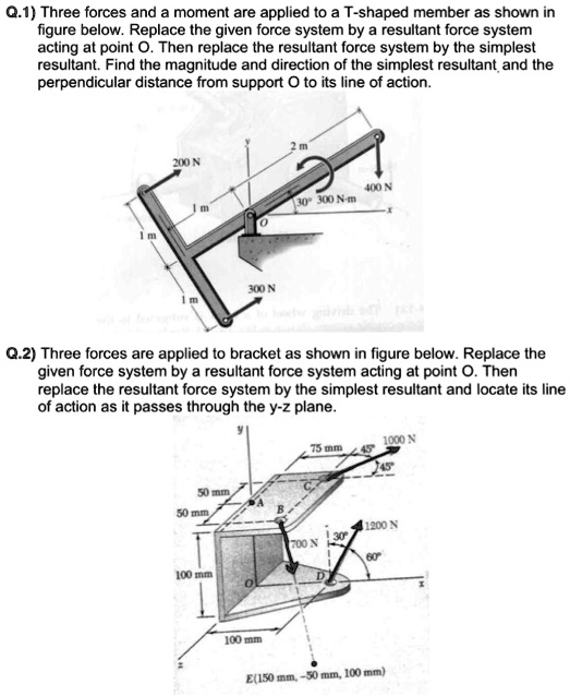 Q.1) Three forces and a moment are applied to a T-shaped member as shown in figure below ...