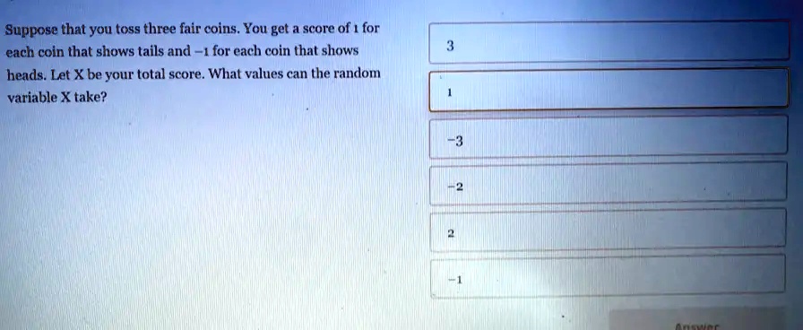 Suppose that you toss three fair coins. You get a score of +1 for each ... Suppose that you toss three fair coins. You get a score of +1 for each ...