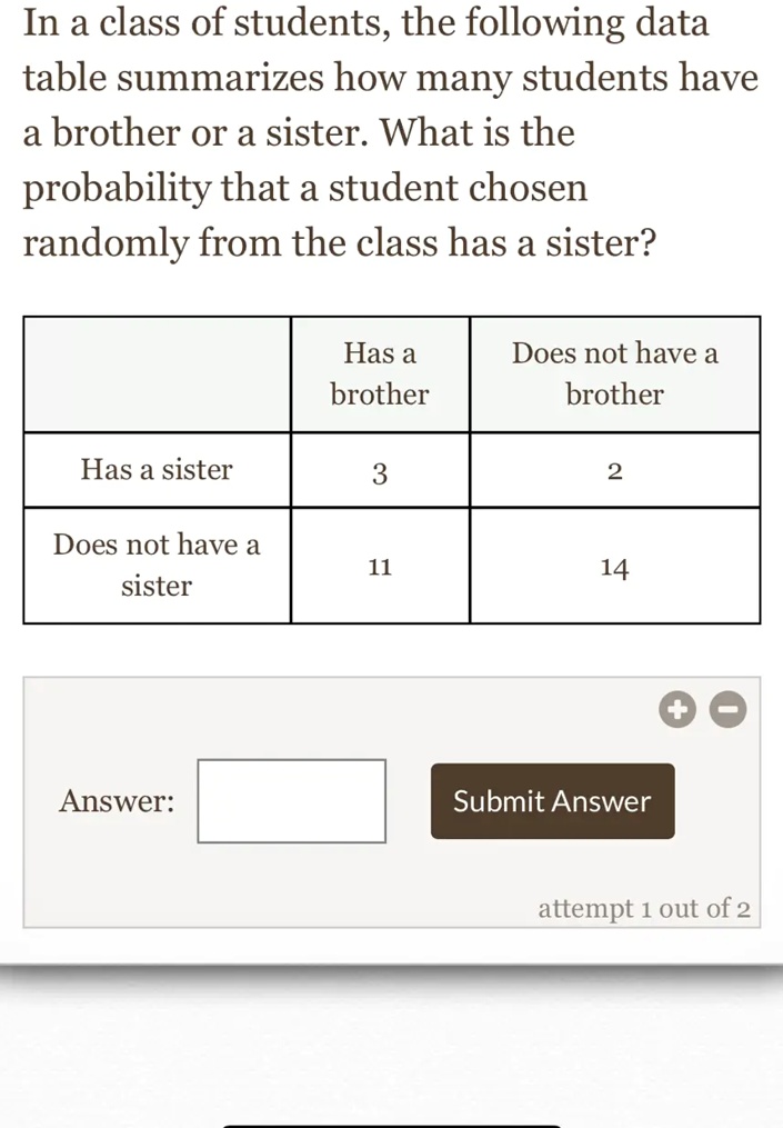 SOLVED: In a class of students, the following data table summarizes how many students have a ...