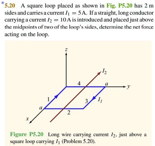 *5.20 A square loop placed as shown in Fig. P5.20 has 2 m sides and carries a current I1 = 5A ...