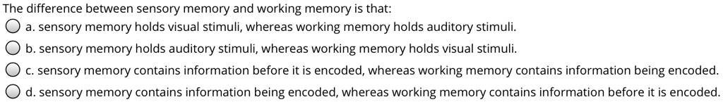 SOLVED: The difference between sensory memory and working memory is ...