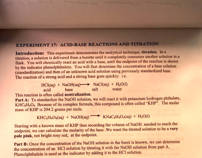 SOLVED: EXPERIMENT 17: ACID-BASE REACTIONS AND TITRATION Introduction ...
