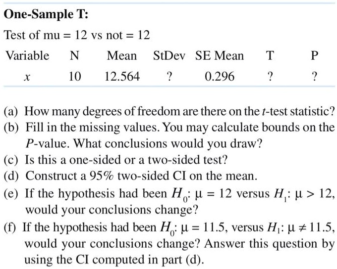 SOLVED: One-Sample T: Test of mu = 12 vS not = 12 Variable N Mean StDev ...