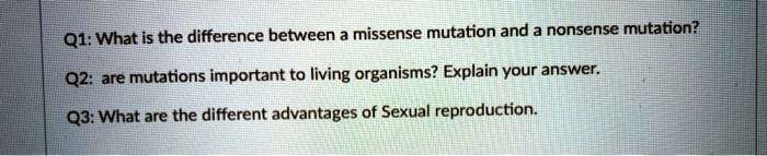 SOLVED:Q1: What is the difference between a missense mutation and ... SOLVED:Q1: What is the difference between a missense mutation and ...