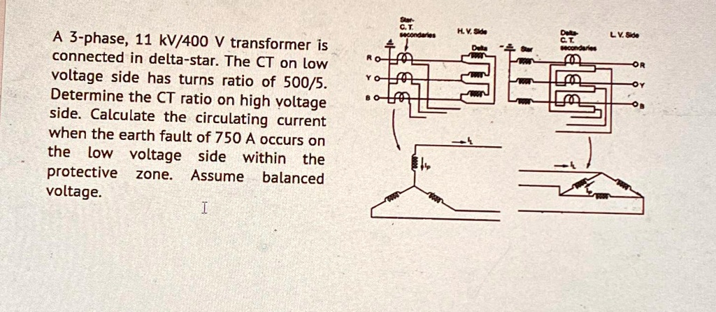 A 3-phase, 11 kV/400 V transformer is connected in delta-star. The CT on the low voltage side ...