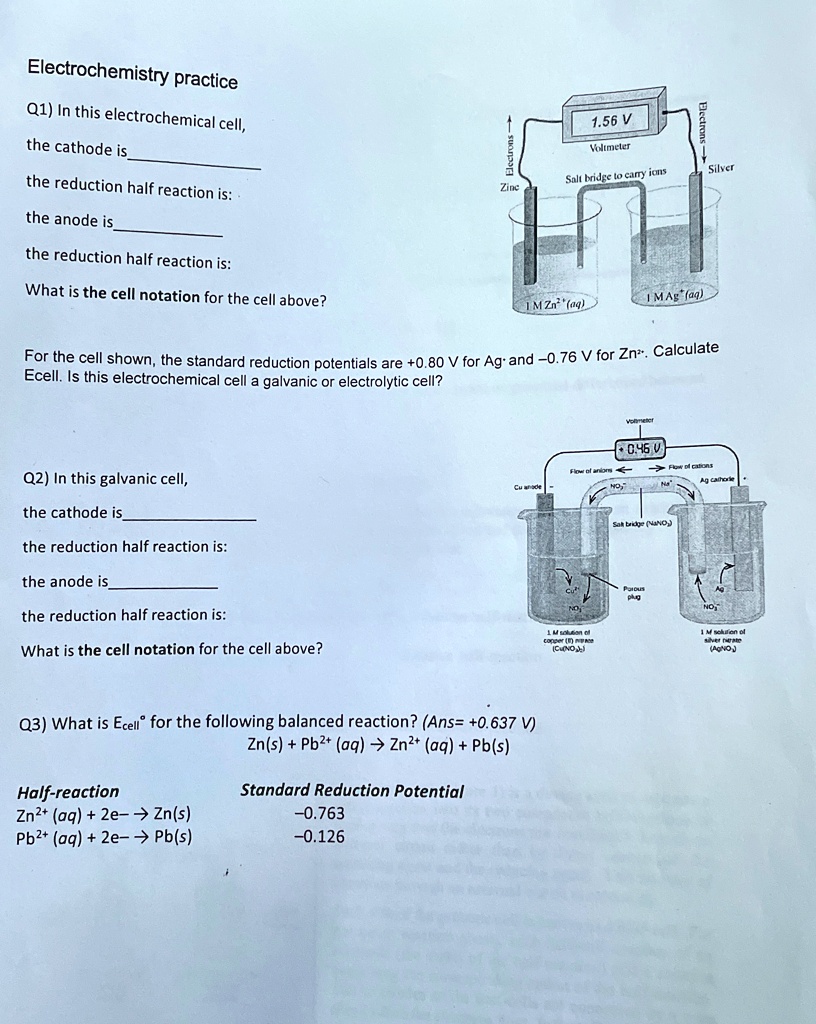 Electrochemistry practice Q1) In this electrochemical cell, the cathode ...