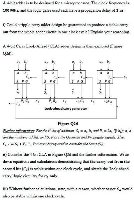 A 4-bit adder is to be designed for a microprocessor. The clock frequency is 100 MHz, and the ...