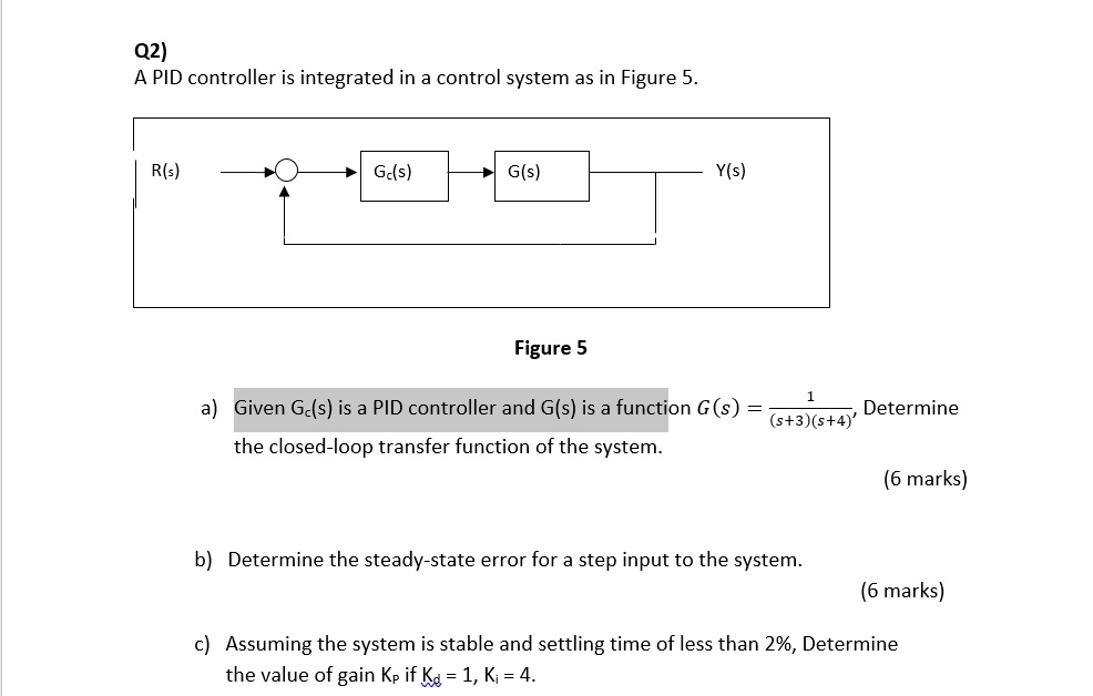 SOLVED: Q2) A PID controller is integrated in a control system as in Figure 5 R(s) Gc(s) G(s) Y ...