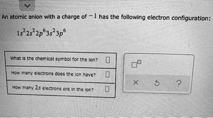 An atomic anion with 0 charge of 1s has the following electron configuration: 1s2 2p6 3s2 3p6 ...