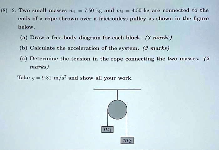 SOLVED: 2. Two small masses M 7.50 kg and M2 4.50 kg are connected to the ends of a rope thrown ...