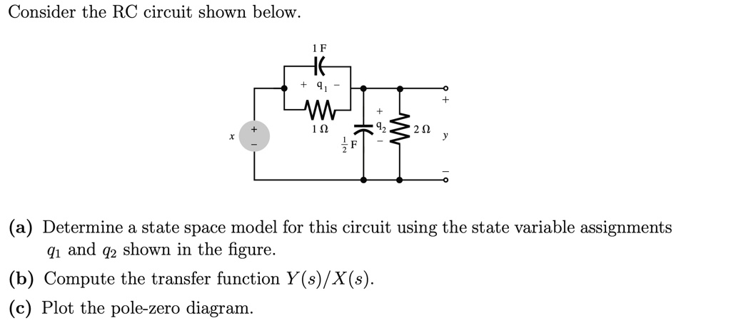 SOLVED: Consider the RC circuit shown below. 1/F 10Î© (a) Determine a state space model for this ...