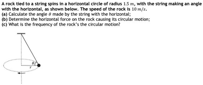 A rock tied to a string spins in a horizontal circle of radius 1.5 m, with the string making an ...