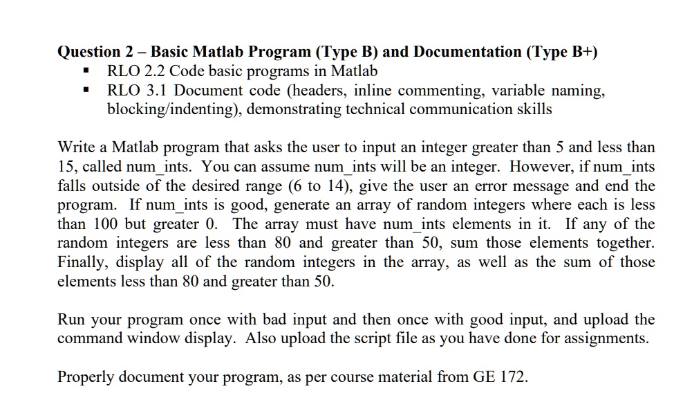 SOLVED: Question 2 – Basic Matlab Program (Type B) and Documentation ... SOLVED: Question 2 – Basic Matlab Program (Type B) and Documentation ...