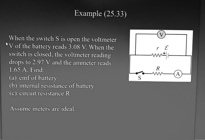 Example (25.33) When the switch S is open the voltmeter V of the battery reads 3.08 V. When the ...