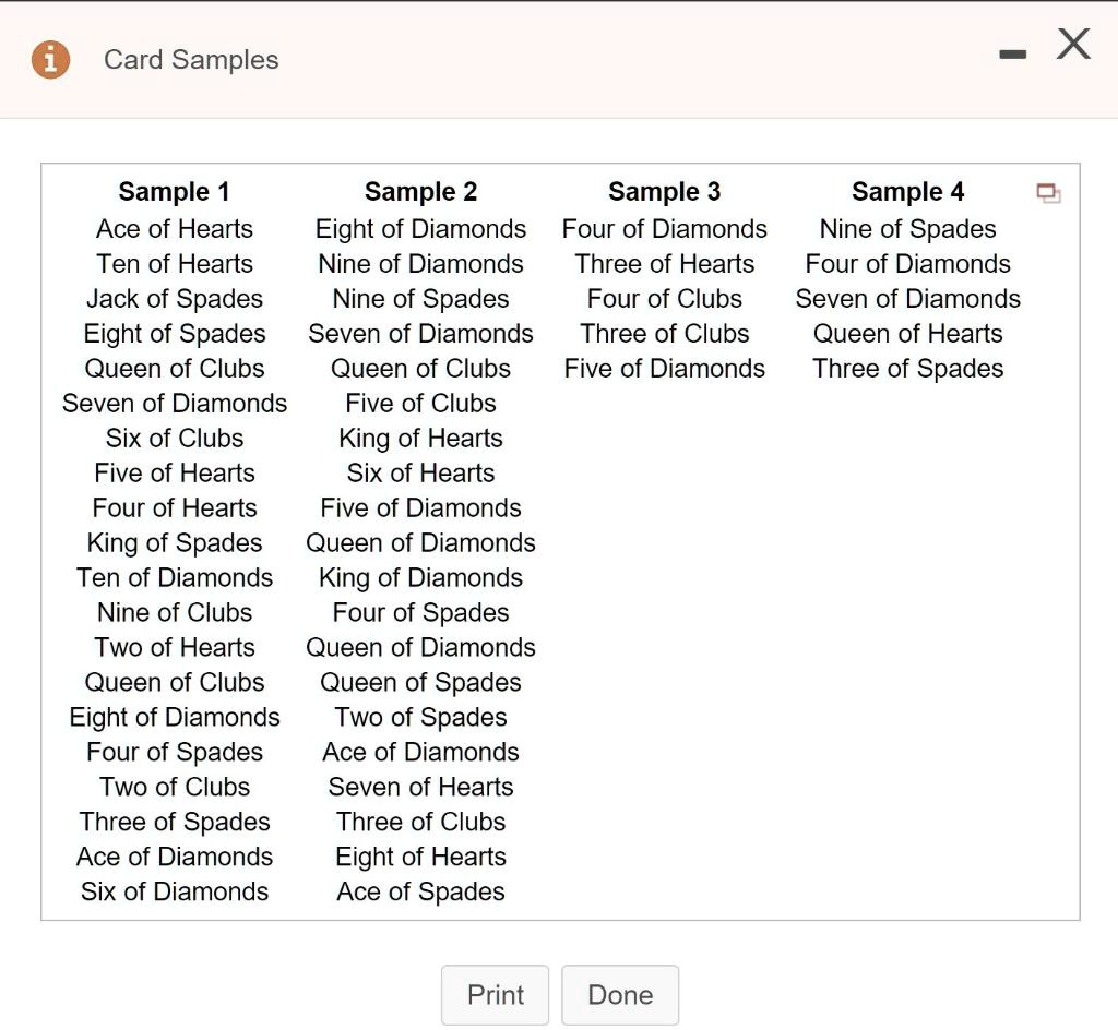 SOLVED: Card Samples Sample Sample 2 Sample 3 Sample 4 Ace of Hearts ...