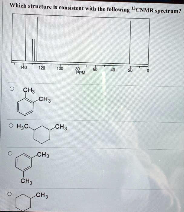 Which structure is consistent with the following BCNMR spectrum? 140 120 100 PPM CH3 CH3 H3C ...